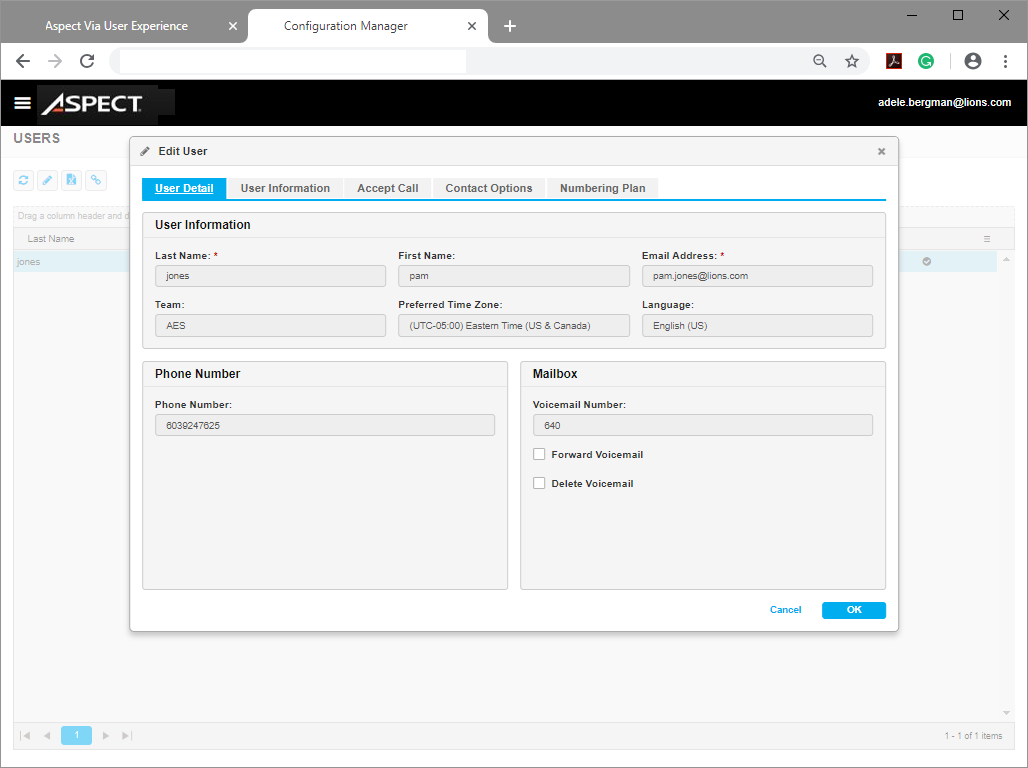 Aspect® Via® Inbound/Outbound 19 - Configure or Edit a User's Settings