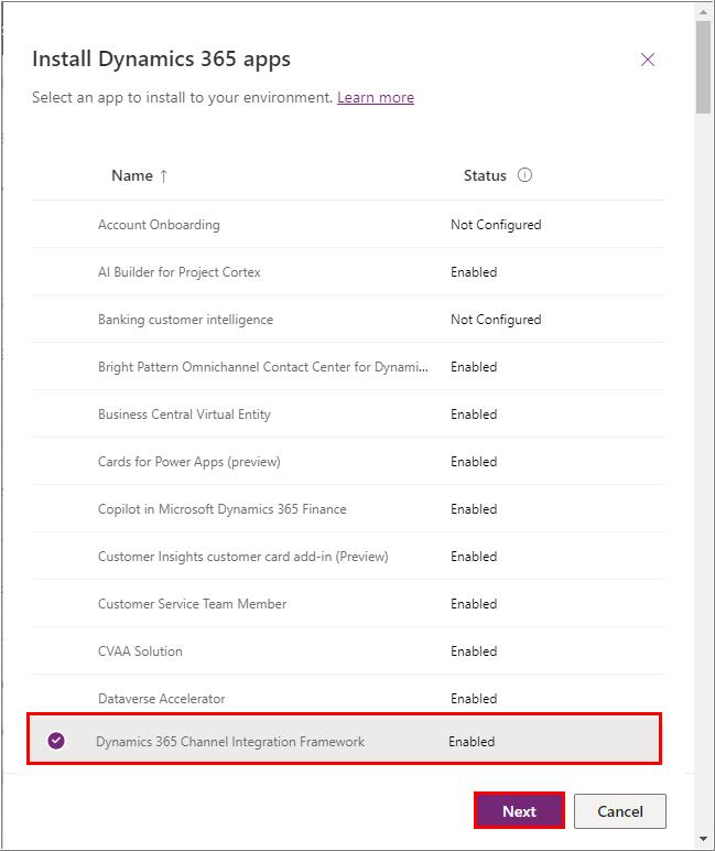Alvaria Documentation - Install the Dynamic 365 Channel Integration Framework app